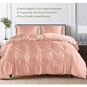 Linenwalas Tencel Lyocell Duvet Cover Set with Deep Pocket Fitted Sheet, Viscose Made from Eucalyptus Soft, Lightweight and Breathable Complete Bedding Set (Rose Gold, King)