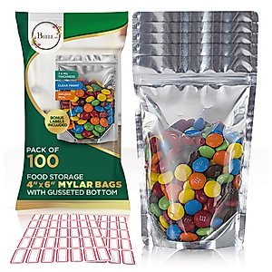 BELLE KR® 4x6 Mylar Bags for Freeze Dried Candy - Pack Of 100-7.5mil Thick - 1/2 Pint Stand Up Small Clear Mylar Bags with See Through Window for Freeze Drying - Labels Included