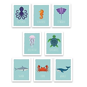 Kindred Sol Collective Ocean Animals Wall Cards, Nautical Nursery Room Decor, Kids Educational Marine Art, Toddler Gift, Set of 8 5x7 inch Prints for Classroom, Daycare and Playroom