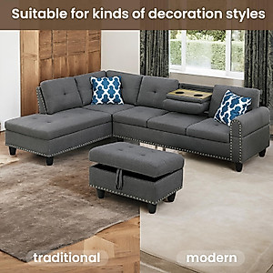Yafylly L Shaped Sectional Couch, Living Room Furniture Set with Storage Ottoman, Deep Seat Modular Sofa with 2 Cup Holders, 2 Throw Pillows for Large Space, Grey