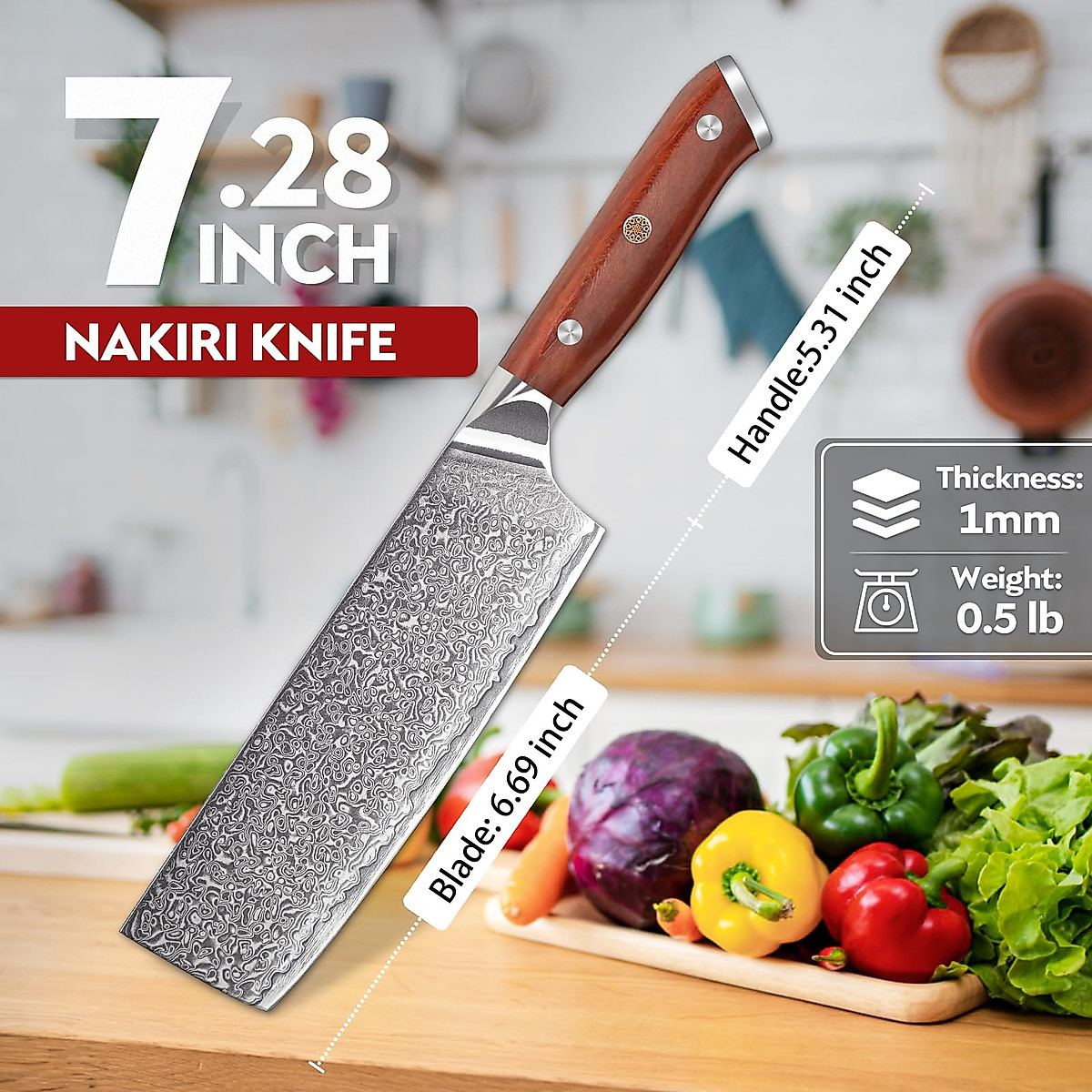 Purple Dragon Damascus Nakiri Knife, 7 Inch Meat Cleaver Knife, VG10 Steel Kitchen Knife for Cutting Vegetables, Chopping Meat, Razor-Sharp Chef's Knife with Gift Box