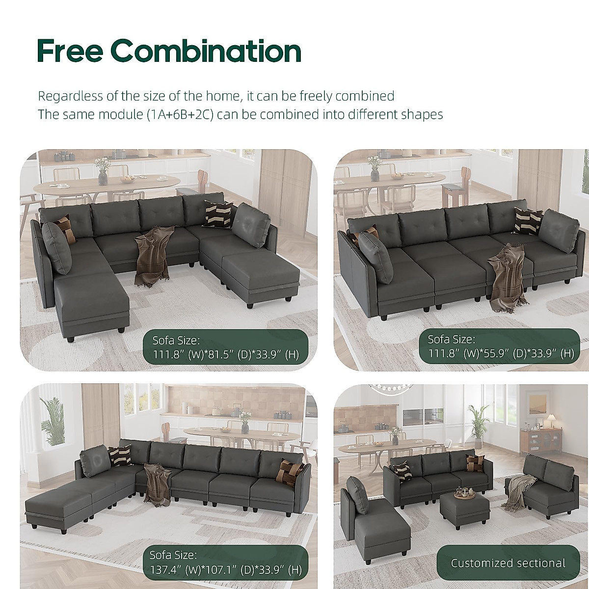 LLappuil Modular Sectional Sofa, Oversized Sectional Couch with Reversible Chaise, Modular Sectionals for Living Room, Faux Leather Fabric Waterproof Sofa, 10 Seat Couch with Storage, Dark Grey