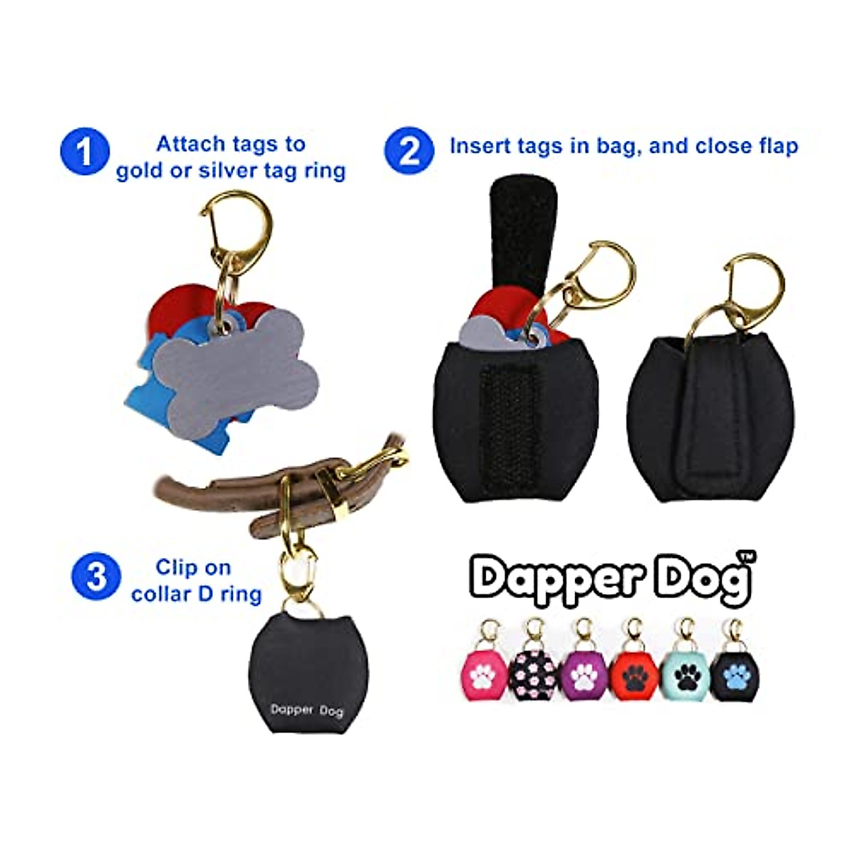 Dapper Dog Dog Tag Silencer with Gold and Silver Kwik Clips and Gold and Silver Tag Rings (Teal with Black Paw)