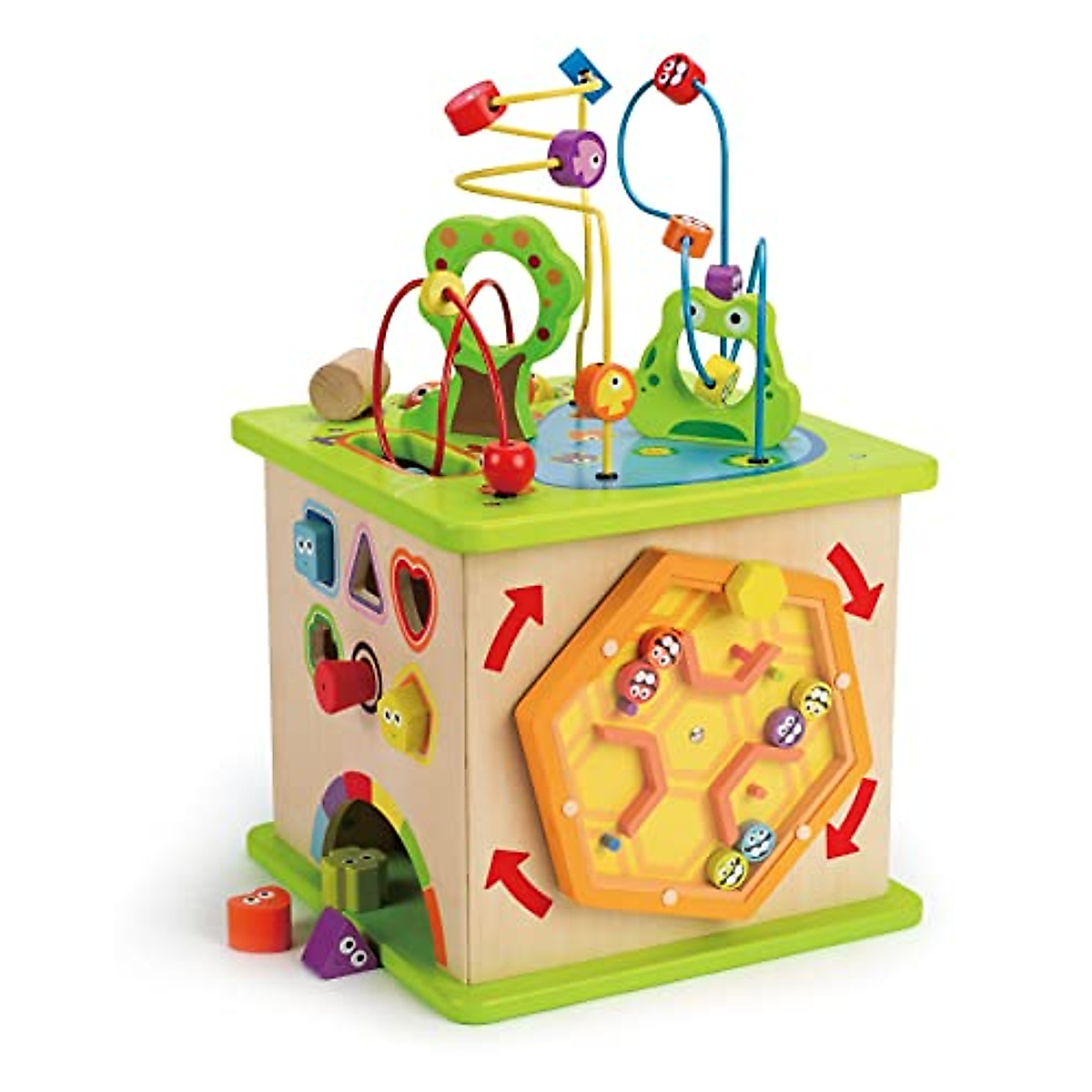 Country Critters Wooden Activity Play Cube by Hape | Wooden Learning Puzzle Toy for Toddlers, 5-Sided Activity Center with Animal Friends, Shapes, Mazes, Wooden Balls, Shape Sorter Blocks and More, 13.78 x 13.78 x 19.69 inches