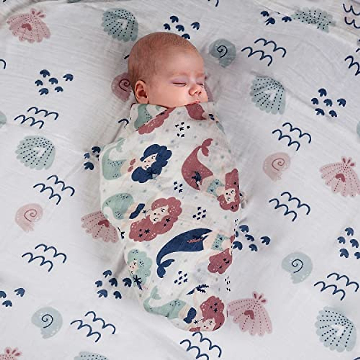 Viviland Muslin Swaddle Blanket, Baby Swaddle Blanket for Boys & Girls, Nursery Receiving Blanket for Newborn, Baby Swaddle Wrap Soft Silky & Breathable, 4 Packs, 47 X 47In, Mermaid & Sea