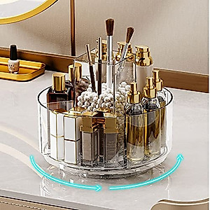 LINFIDITE 360 Rotating Makeup Organizer Spinning Cosmetic Display Cases with 5 Compartment Acrylic Clear Round Turntable Storage Tray Bathroom Counter Organizer Makeup Brush Lip Gloss Organizer Case