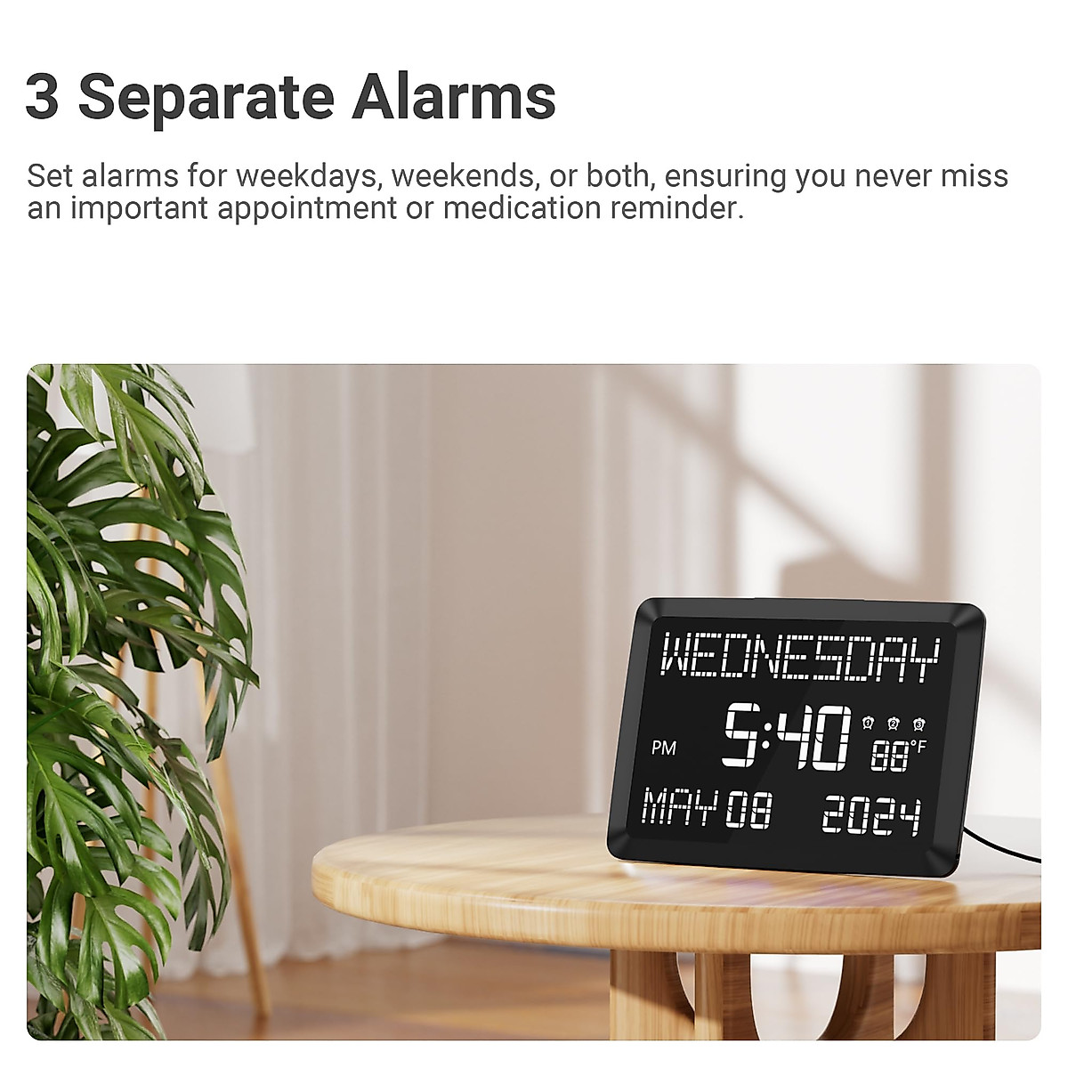 11.5” Digital Wall Clock with Date,Time,Week,Indoor Temperature,3 Alarms,5 Dimmer,2 USB Chargers,Battery Backup,Snooze,12/24H for Elderly,Parents,Impaired Vision,Dementia,Memory Loss,Office,Bedroom