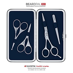 Suvorna Beard & Mustache trimming kit with Beard Scissors, Mustache Scissors, Facial Hair Scissors, Grooming Scissors, Ear Scissors, Nose Scissors, Eyebrow Scissors, and Tweezer Men. (4 Pcs Blue)