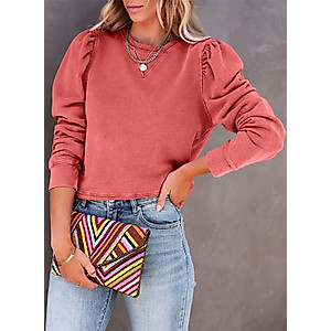 Dokotoo womens sweatshirts Casual Long Puff Sleeve Pullover Crew Neck Cute Tops Solid Color Relaxed Fit Red Shirts X-Large