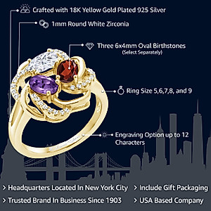 Gem Stone King 18K Yellow Gold Plated Silver Promise Customized and Personalized 3 Gemstone Birthstone For Her Engagement Flower Blossom Name Engraved Ring For Women (Size 5)
