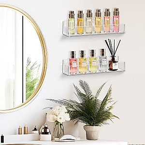 GTJ Acrylic Shelves, 4-Pack Spice Rack Wall Mount, Clear Book Shelves for Wall, Spice Organization, Vinyl Wall Mount, Cabinet, Pantry Door, Kitchen, Bedroom, Self-Adhesive and Drilling