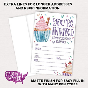 Cupcake Birthday Party Invitations (20 Count With Envelopes) - Watercolor Cupcakes And Sprinkles Birthday Invites