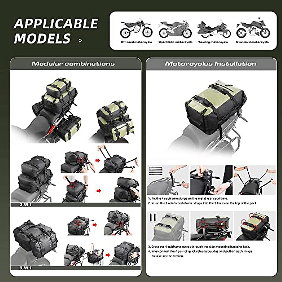 Rhinowalk Motorcycle Tail Bag Motorbike Side Bag 30L Full Waterproof Motor Saddle Pannier Bag Rear Rack Trunk Professional Motor Accessories-Green