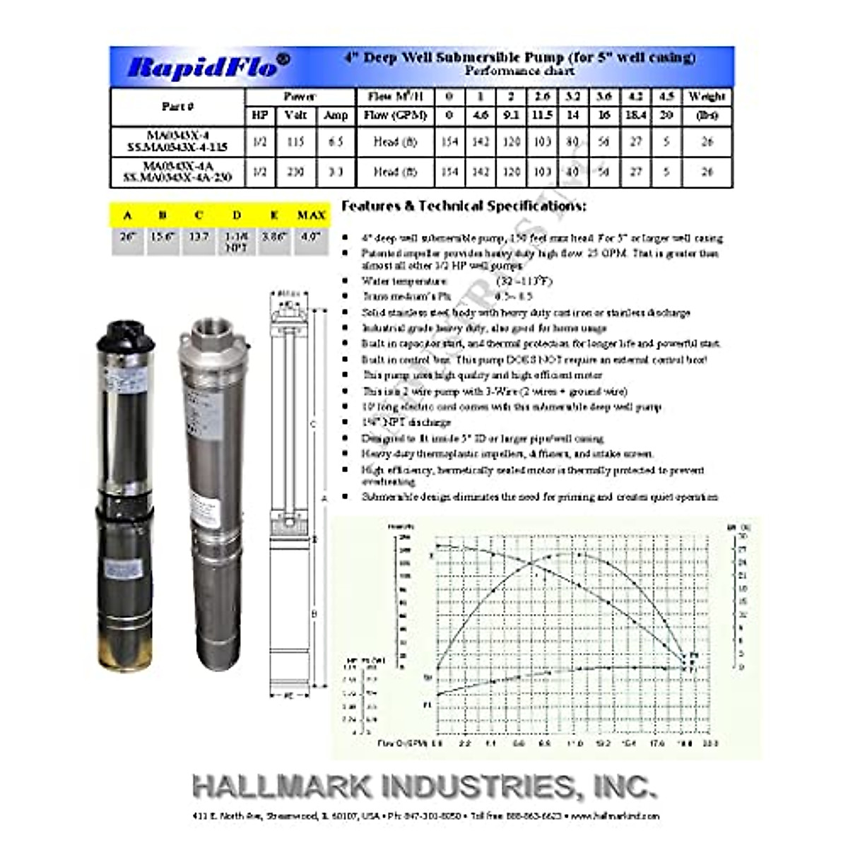 Hallmark Industries MA0343X-4 Deep Well Submersible Pump, 1/2 hp, 110V, 60 Hz, 25 GPM, 150' Head, Stainless Steel, 4"