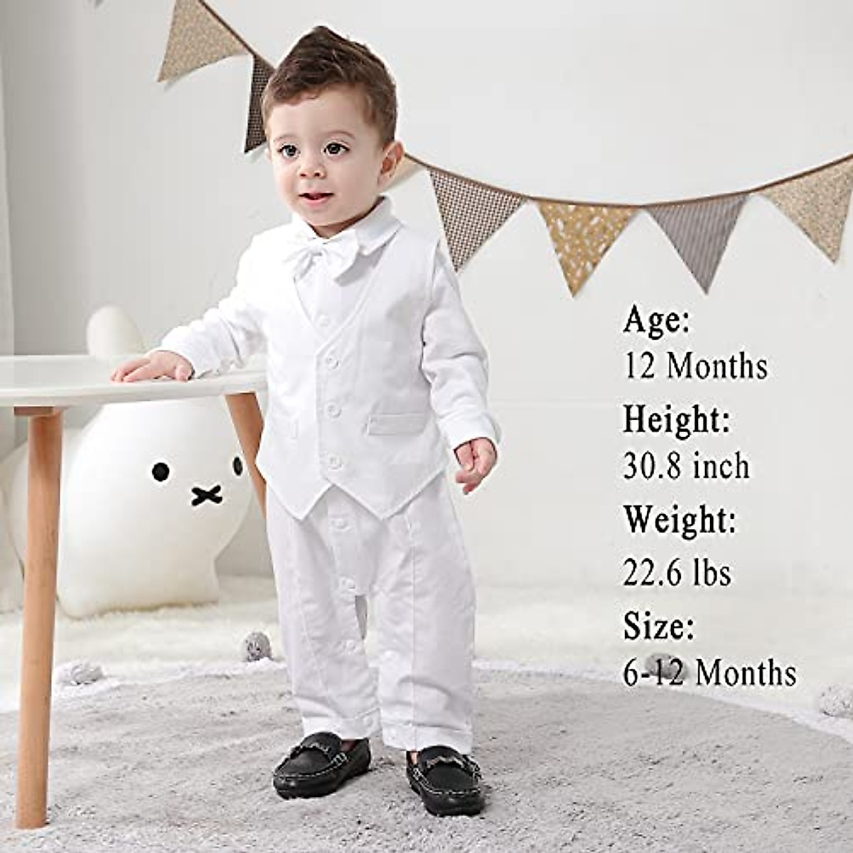 HOSUKKO Baptism Outfits for Boys, Long Sleeve One-Piece Romper & Vest & Beret & Bow Tie Sets, Infant Baby Boy Christening Outfit (White,6-12M)