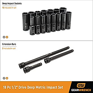 GEARWRENCH 18 Piece 1/2" Drive Deep Metric Impact Socket Set - 89096