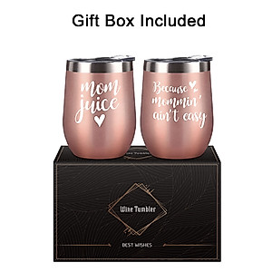 GINGPROUS Mom Gifts, 2 Pack Mom Juice&Because Mommin Ain’t Easy Wine Tumbler, Mother’s Day Birthday Christmas Gifts for Mother Mom Mama Mommy, 12oz Stainless Steel Insulated Wine Tumbler, Rose Gold