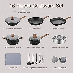 Leetaltree Nonstick Cookware Sets - 16 Pieces Pots and Pans with Utensils and Steamer, Nonstick Cast Aluminum Kitchen Cookware with Bakelite Handles, Non Toxic, PFOS/PFOA Free (Black)