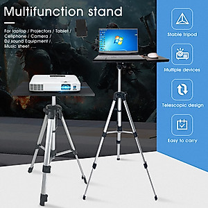 Projector Tripod Stand with Tray Laptop Tripod with Tray Stand Projector Holder Stand Adjustable Height Laptop Stand DJ Laptop Stand Laptop Floor Stand Laptop Standing Desk (Silver)