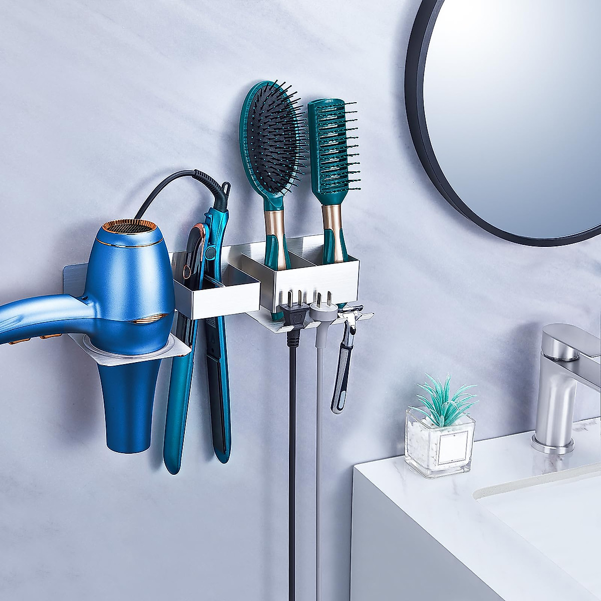 YAYINLI Hair Straightener Holder Wall, Blow Dryer and Curling Iron Holder Wall Mounted, Stainless Steel Hairdryer Holder Bathroom, Hair Tools Organizer with Plug Hook Storage, Salon Hair Dryer Holder