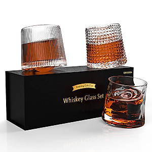 ueecool Whiskey Rocks Glasses, Tumbler Crystal Bar Glass, Rotatable Double Old Fashion Set of 3, 6 oz, Clear,Father's Day Gift (3pc Whiskey Glasses), (WG003)