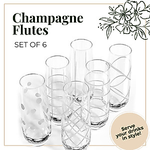 Fifth Avenue Crystal Medallion Stemless Champagne Flutes, Durable Glass, Mimosa, Cocktail Glasses Set, Prosecco Wine Flute, Bar Glassware, Toasting Wedding Glasses, Set of 6, Etched Patterns, 9.5oz