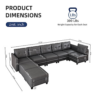 LLappuil Modular Sectional Sofa with Reversible Chaise, U Shaped Couch with Storage, Modern Faux Leather Fabric Sofa with Ottoman, Oversized Sectionals for Living Room, 8 Seat, Dark Grey