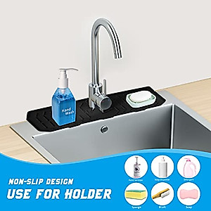 DIVIVID Silicone Faucet Handle Drip Catcher Tray, Faucet Mat for Kitchen Sink Splash Guard Behind Faucet for or Bathroom Farmhouse Bar Countertop RV(Black), 14.6x5.9x0.2