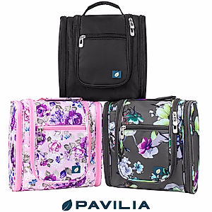 PAVILIA Toiletry Bag Travel Bag for Women Men, Hanging Cosmetic Organizer, Water Resistant Makeup Bag for Accessories Toiletries, Large Travel Essentials Kit (Floral Grey)
