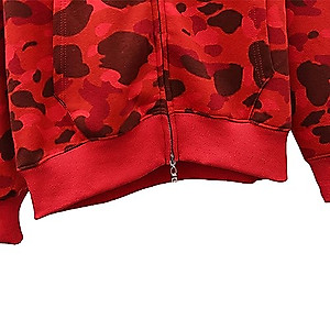 Men's Hoodie Shark Mouth Full Zip Jackets Oversized Long Sleeve Coat Trendy Hip Hop Tops Full Zip Hoodie for Men RED-M
