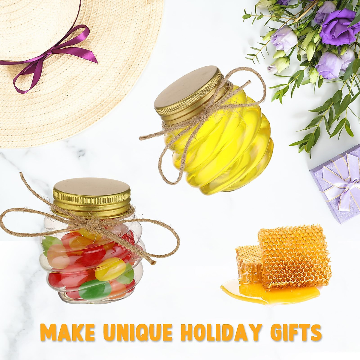 Suclain 50 Pcs 2 oz Honeycomb Plastic Jars with Gold Lids Mini Honey Jars Wide Mouth Canning Jars Small Spice Jars for Party Wedding Favors, Baby Shower DIY Gift Jelly Herb Jams Candy