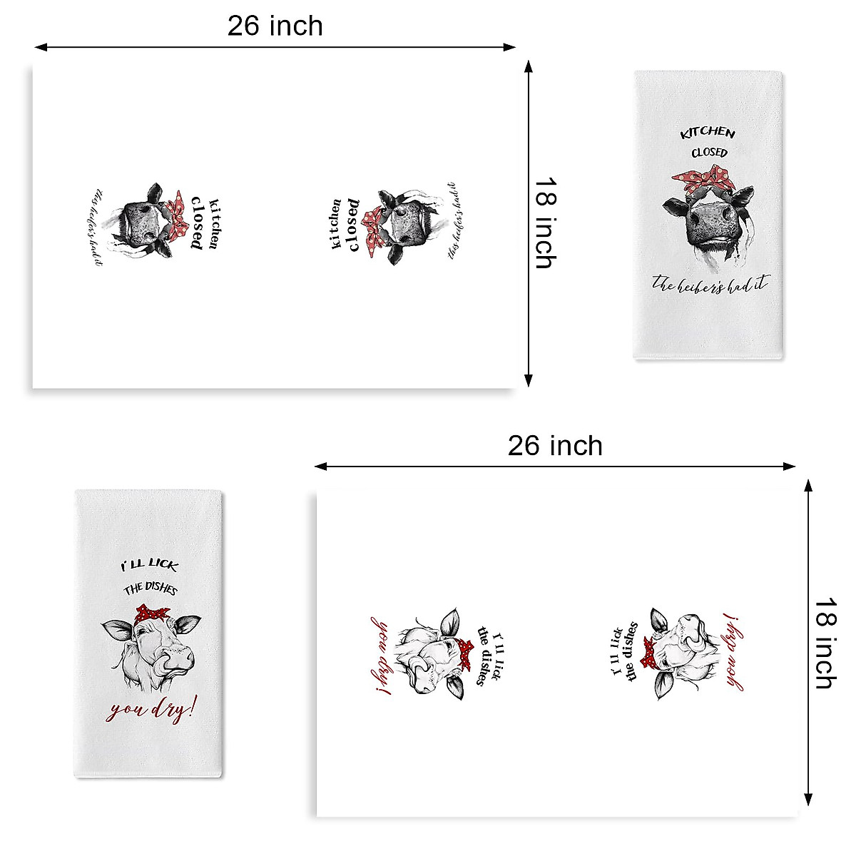 Seliem Funny Farm Cow Kitchen Dish Towel, Kitchen Closed The Heifers Had it I’ll Lick The Dishes You Dry Sign Tea Bar Hand Drying Cloth, Country Farmhouse Fun Animal Decor Home Decorations 18” x 26”