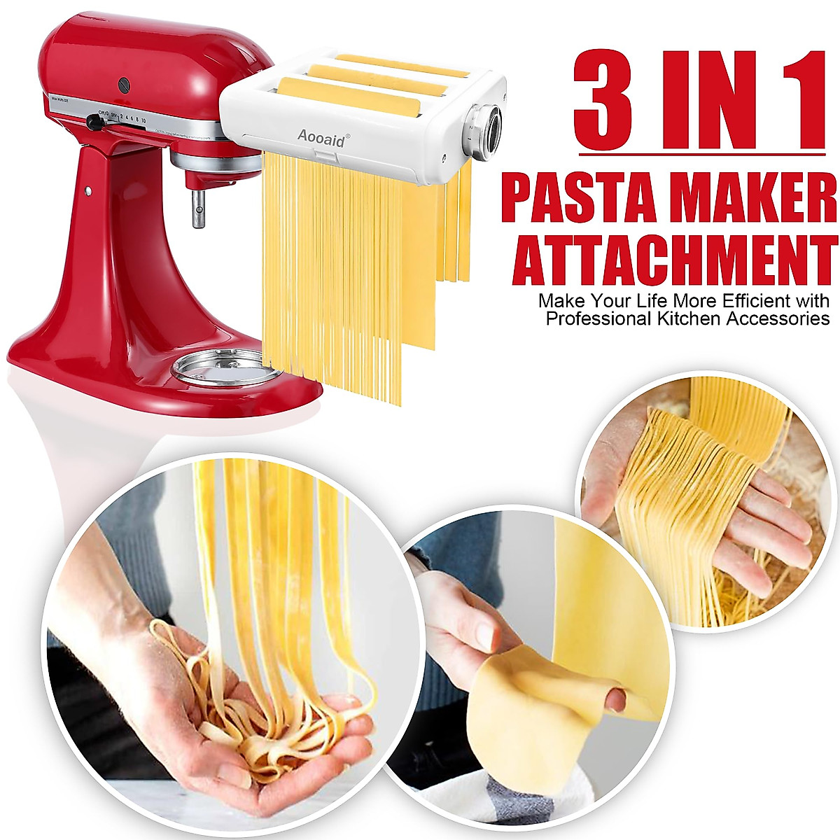 Pasta Maker Attachment for ALL KitchenAid Stand Mixers,Noodle Maker Kitchen Aid Mixer Accessories 3-in-1 Including Dough Roller Spaghetti Fettuccine Cutter and Cleaning Brush - Pasta Roller and Cutter