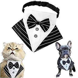 Bow Tie Dog Collar, iToolai Adjustable Collar Wedding Bandana for Small Medium Large Dog Boy(Black Strips, Large)