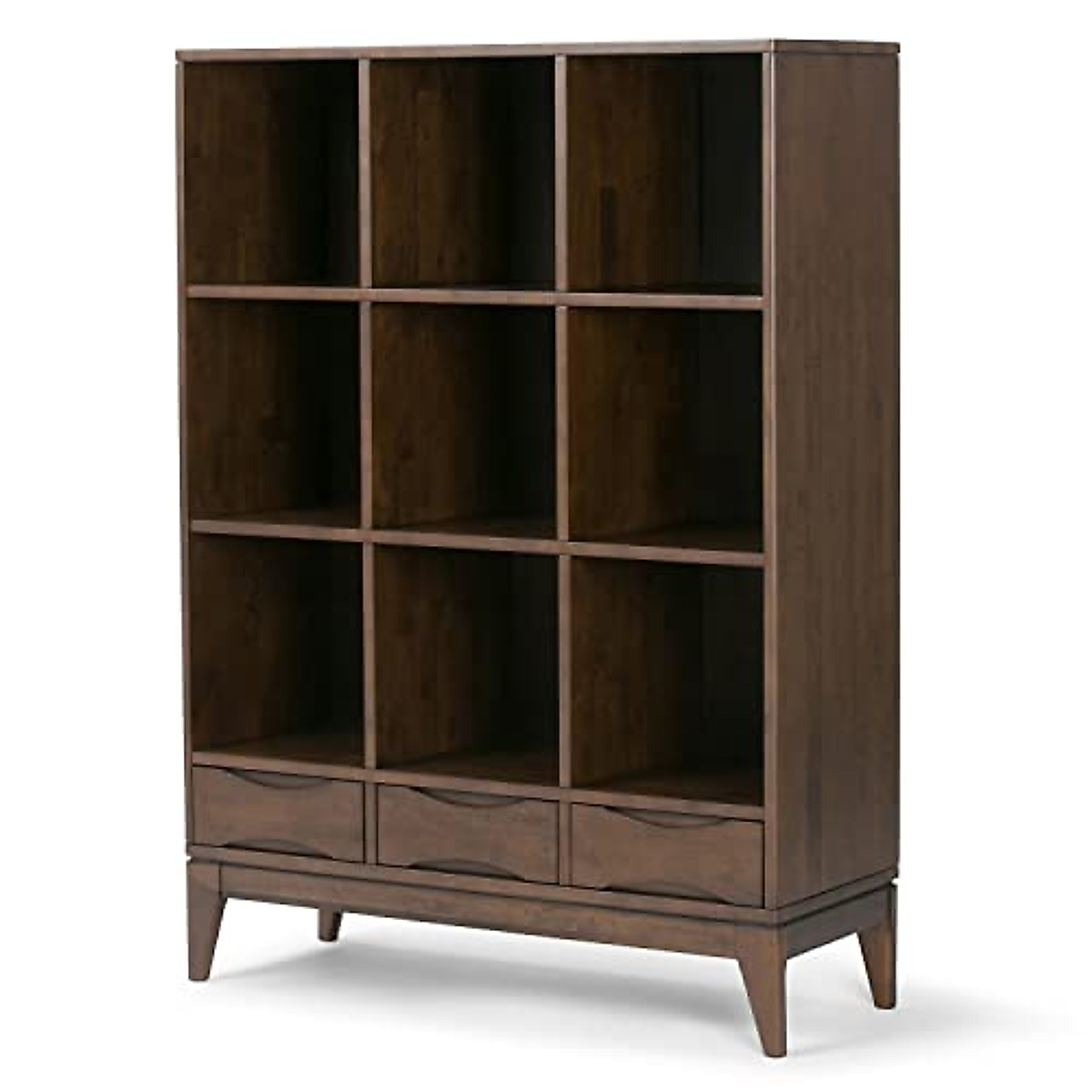 SIMPLIHOME Harper SOLID HARDWOOD 42 Inch Mid Century Modern Cube Storage Bookcase with Drawers in Walnut Brown, For the Living Room, Study Room and Office