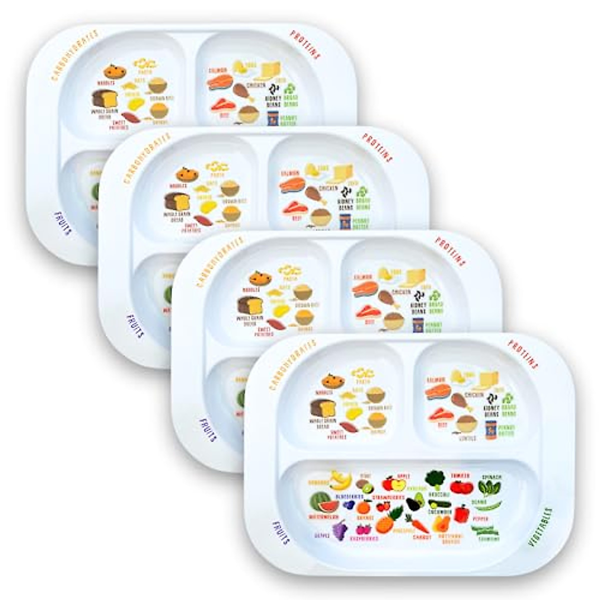 j&m Divided Portion Plate (4 Pack), Sections for Kids & Fussy Eaters, Learn Nutrition, Healthy Eating, Food Groups & Portion Sizes, Child-Friendly Melamine, Dishwasher-Safe