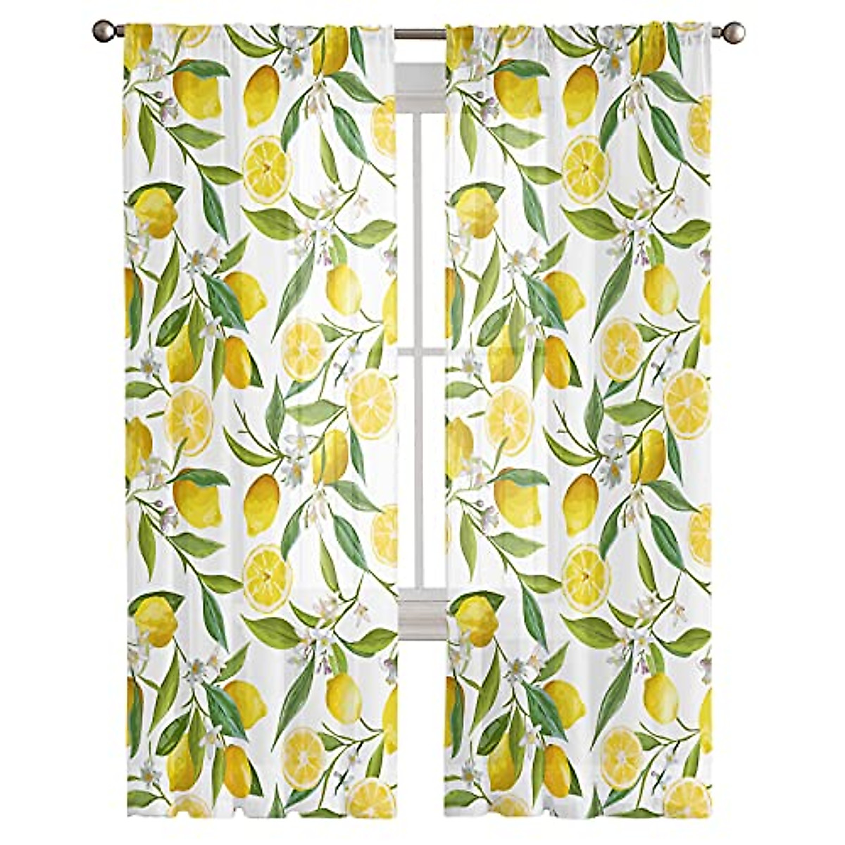 AMZRicher Lemon Sheer Curtains 72 Inch Length 2 Panels Set, Summer Garden Fruit Lemon Slice and Leaves Semi Transparent Voile Rod Pocket Curtains for Living Dining Room Bedroom Drapes