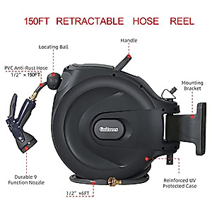 Guitrees Retractable Garden Hose Reel 1/2” 150FT+6FT With Cover, Slow Return System, Any Length Lock, Wall Mounted, 9 Function Nozzle and 180°Swivel Bracket (Grey)