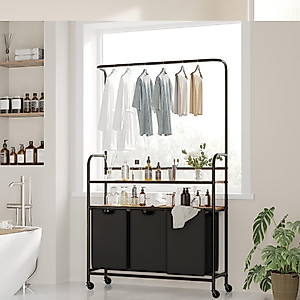 kepptory Laundry Basket 3 Section, 3 × 11.5 Gal (47L), Laundry Hamper Laundry Sorter 3 Section with Shelves and Clothes Hanging Bar, Rolling 3 Compartment Laundry Hamper for Laundry Bathroom Bedroom