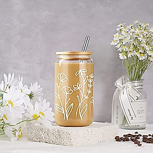Coolife Floral Iced Coffee Cup - 16oz Can Shaped Drinking Glass Cup w/Bamboo Lid Straw - Aesthetic Cups, Glass Coffee Tumbler, Flower Glass Cups for Beer Smoothie - Birthday Aesthetic Gifts for Women