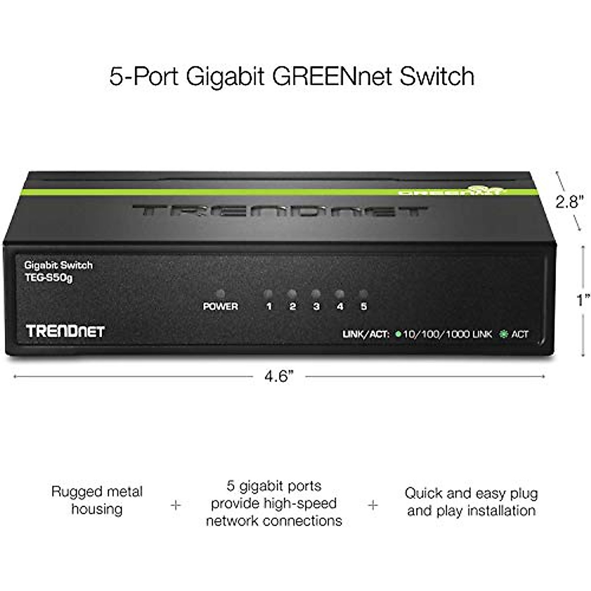 TRENDnet 5-Port Mini Gigabit Switch, TEG-S50g, GREENnet Technology, NDAA + TAA Compliant, Desktop Metal Ethernet Network Switch, 5 x Gigabit Ports, Fanless, Lifetime Protection, Black
