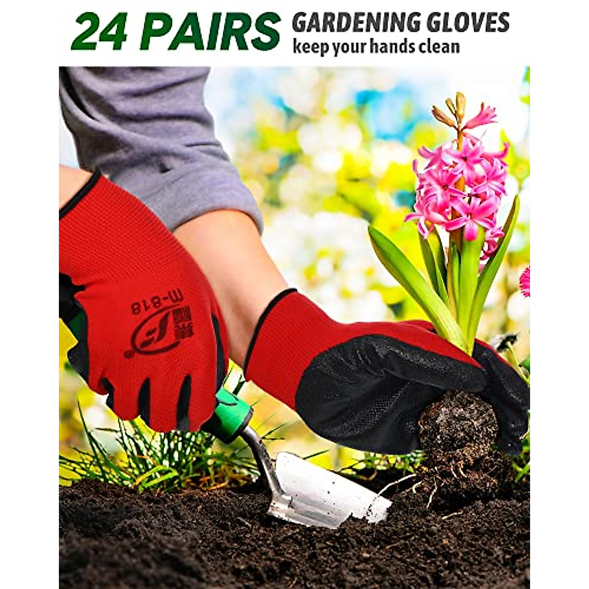 Nuogo 24 Pairs Gardening Gloves for Men Women Rubber Coated Work Gloves Garden Gloves Safety Work Gloves Construction Gloves (Black, Red)