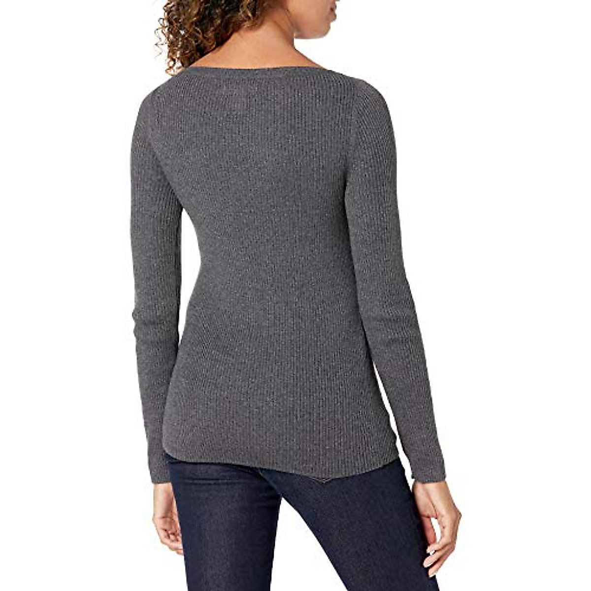Amazon Essentials Women's Lightweight Ribbed Long-Sleeve Boat Neck Slim-Fit Sweater, Charcoal Heather, Medium