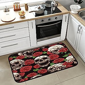 KOBLEN Skull and Red Roses Kitchen Rugs Non Slip Washable Absorbent Kitchen Mats 20x39 inch Cushioned Anti Fatigue Kitchen Floor Mats for in Front of Sink