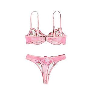 WDIRARA Women's Floral Embroidery Underwire Lingerie Set Mesh Bra and Panty Set Pink S