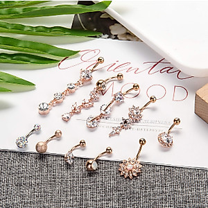 YOVORO 10PCS 14G 316L Stainless Steel Dangle Belly Button Rings for Women Navel Rings Curved Barbell Body Piercing Rose-gold