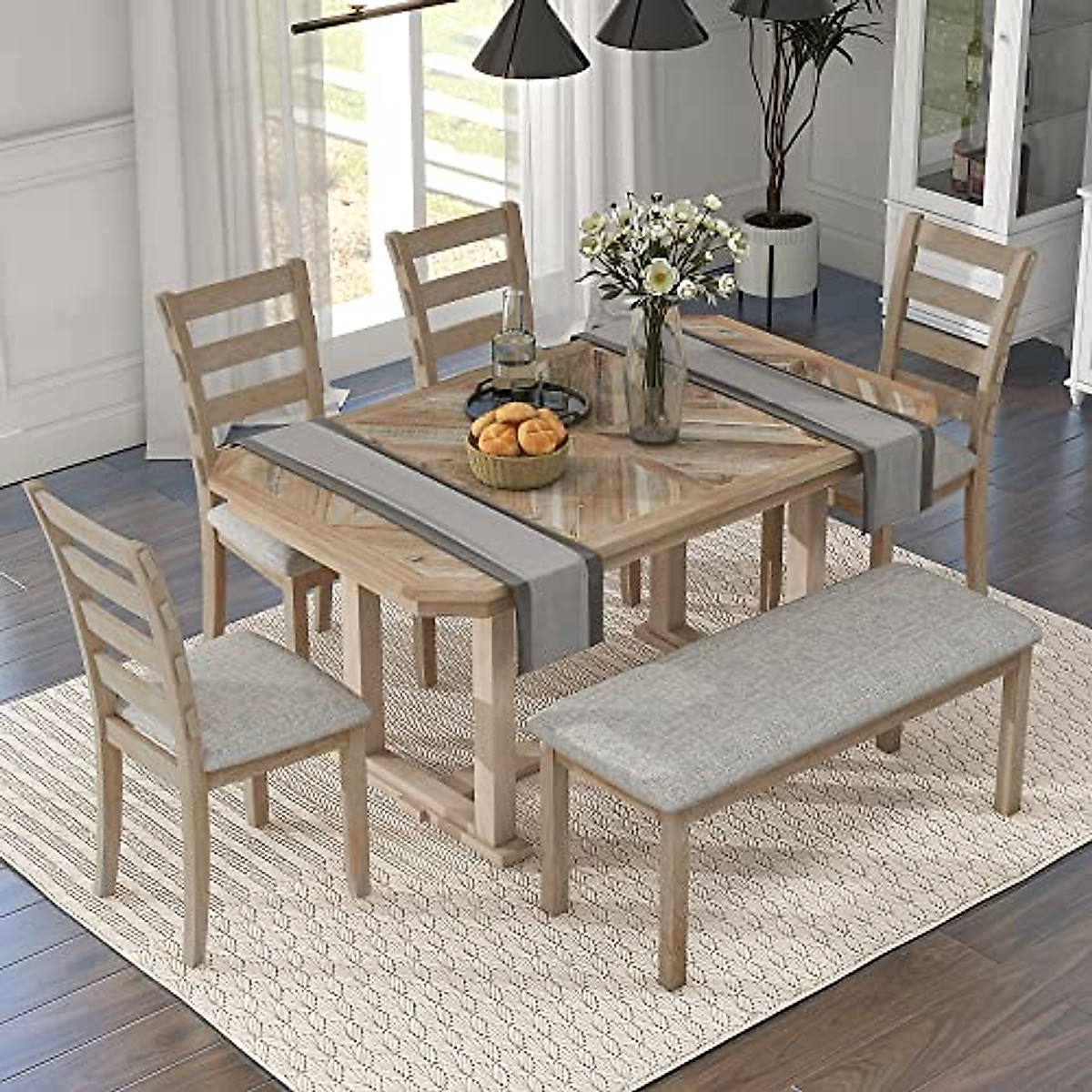 Merax 6-Piece Rubber Dining Table Set with 4 Cushioned Chairs and Bench, Beautiful Wooden Grain Pattern Tabletop, Natural Wood Wash-6pcs