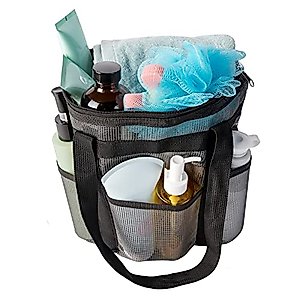 YAWSOUP Mesh Shower Caddy Portable,Quick Dry Hanging Shower Tote,with 4 Pockets,for College Dorm Room Essentials,Beach Shower Bag,Swimming,Gym - Black