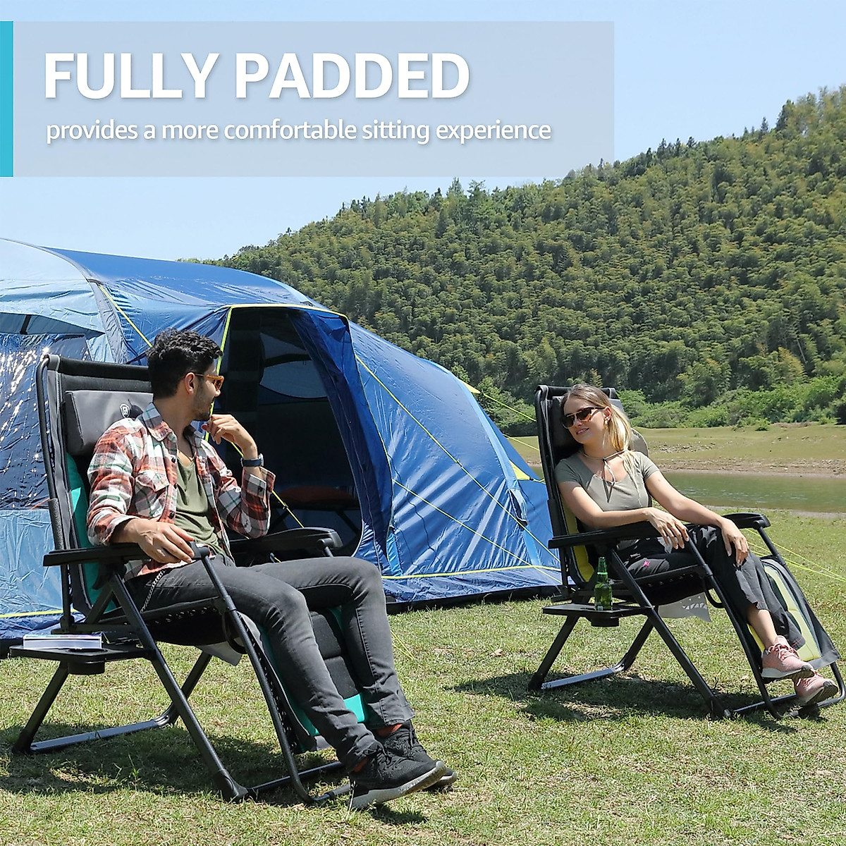 EVER ADVANCED Oversize XL Zero Gravity Outdoor Recliner with Cup Holder Padded Patio Lounger Chair with Adjustable Headrest Support 350lbs (Olive Green)