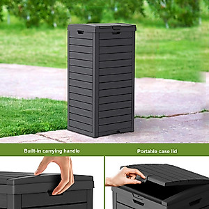 PatioZen 31 Gallon Outdoor Trash Can, Waterproof Trash Can Cabinet for Outside, Resin Garbage Bin with Lid and Drip Tray for Easy Cleaning for Patios, Kitchens, and Outdoor Entertaining（Black）